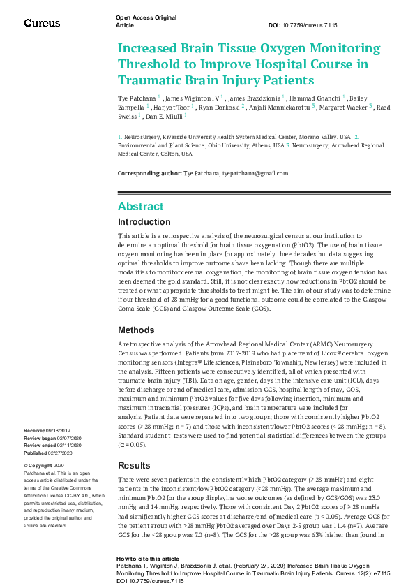 (PDF) Increased Brain Tissue Oxygen Monitoring Threshold to Improve ...