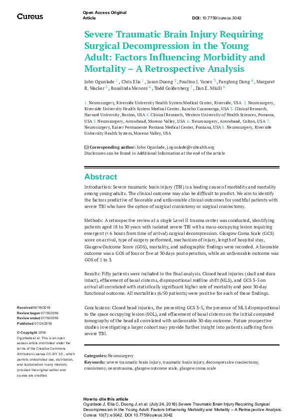(PDF) Severe Traumatic Brain Injury Requiring Surgical Decompression in the Young Adult: Factors ...
