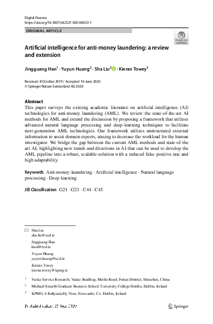 (PDF) Artificial intelligence for anti-money laundering: a review and extension