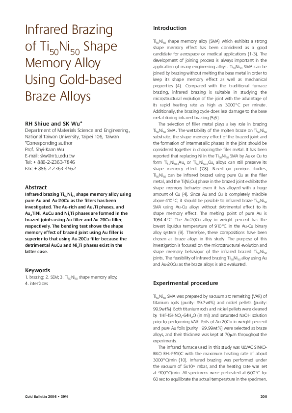 (PDF) Infrared brazing of Ti50Ni50 shape memory alloy using gold-based ...