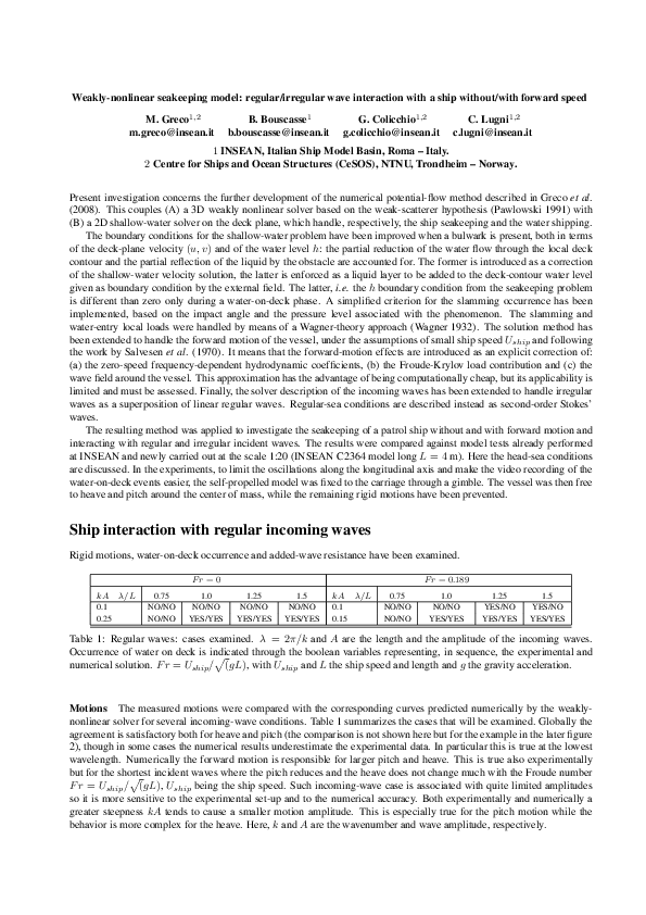 (PDF) Weakly-nonlinear seakeeping model: regular/irregular wave interaction with a ship without ...