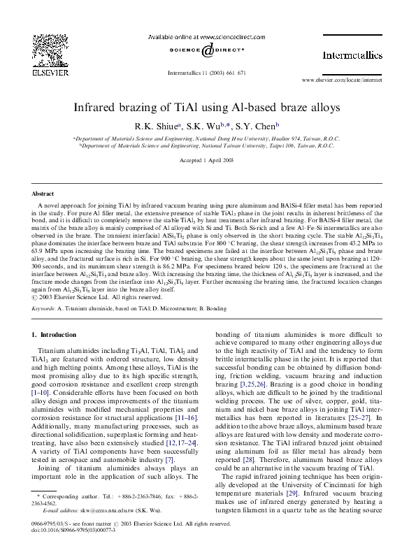 (PDF) Infrared brazing of TiAl using Al-based braze alloys