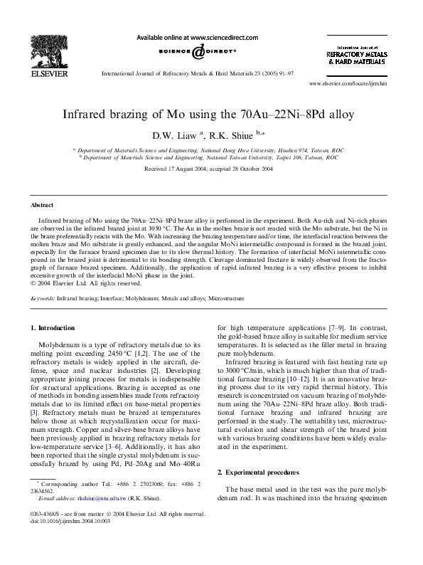 (PDF) Infrared brazing of Mo using the 70Au–22Ni–8Pd alloy
