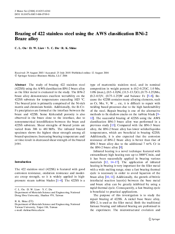(PDF) Brazing of 422 stainless steel using the AWS classification BNi-2 ...