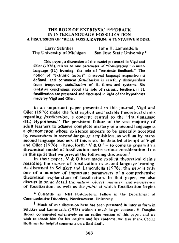 (PDF) The Role of Extrinsic Feedback in Interlanguage Fossilization