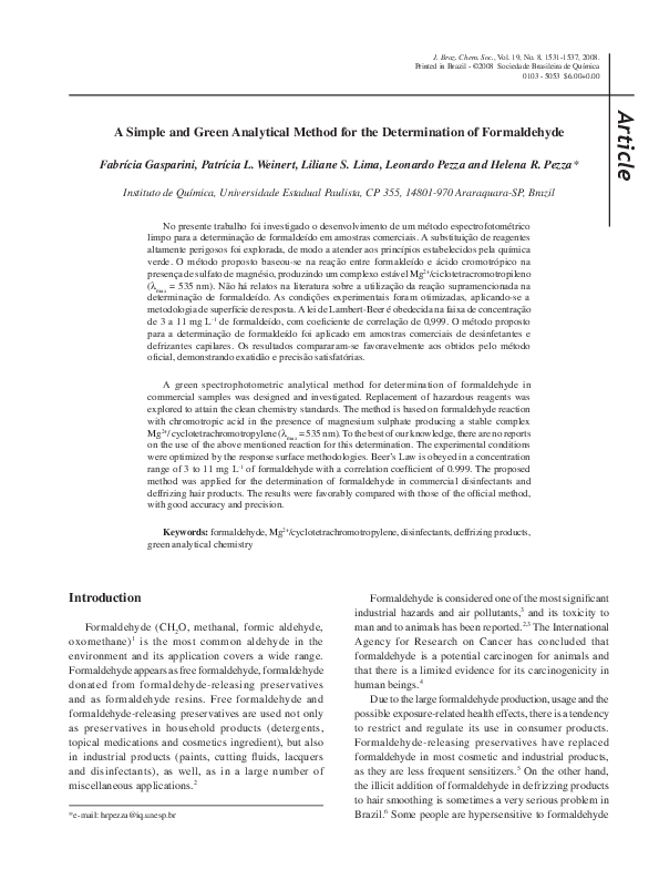 (PDF) A simple and green analytical method for the determination of formaldehyde