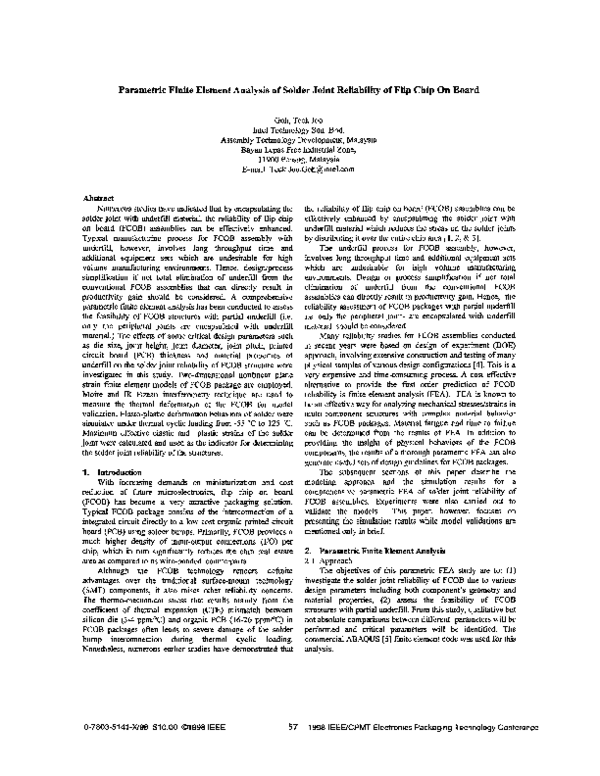 Pdf Parametric Finite Element Analysis Of Solder Joint Reliability Of Flip Chip On Board