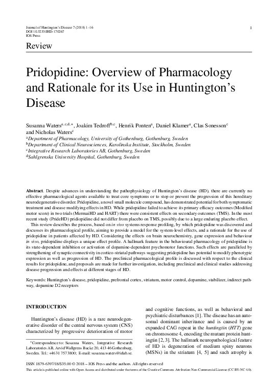 (PDF) Pridopidine: Overview of Pharmacology and Rationale for its Use ...