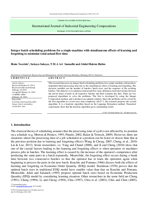 Pdf Integer Batch Scheduling Problems For A Single Machine With Simultaneous Effect Of