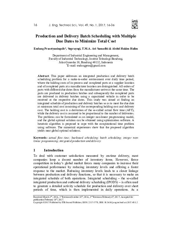 Pdf Production And Delivery Batch Scheduling With Multiple Due Dates To Minimize Total Cost