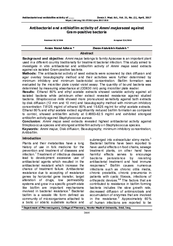 (PDF) Antibacterial and antibiofilm activity of Ammi majus seed against ...