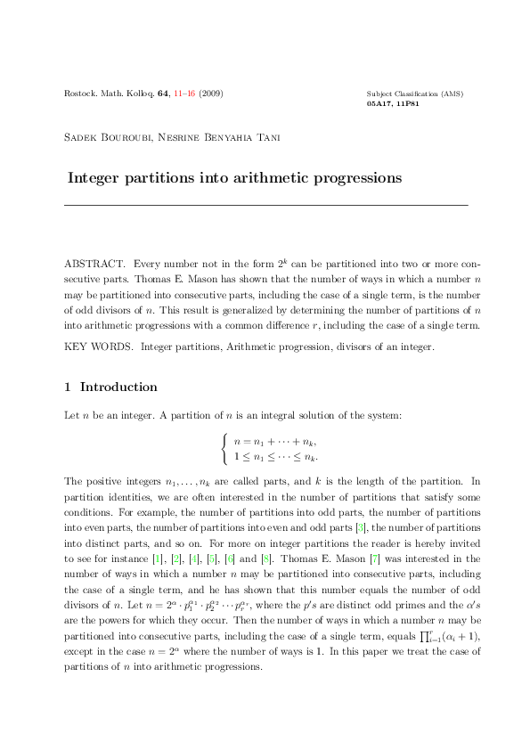 Pdf Integer Partitions Into Arithmetic Progressions With An Odd