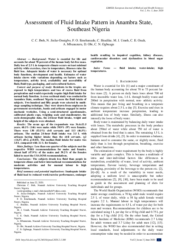(PDF) Assessment of Fluid Intake Pattern in Anambra State, Southeast ...