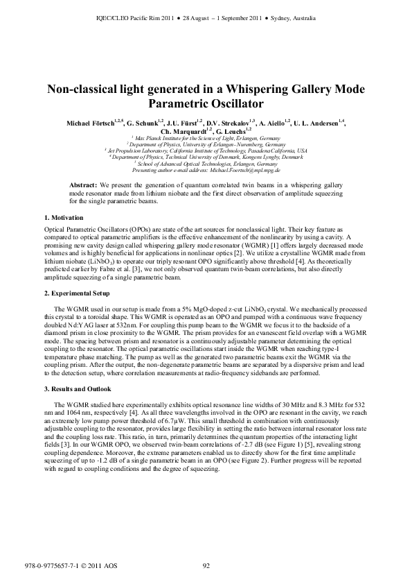 (PDF) Non-classical light generated in a whispering gallery mode ...