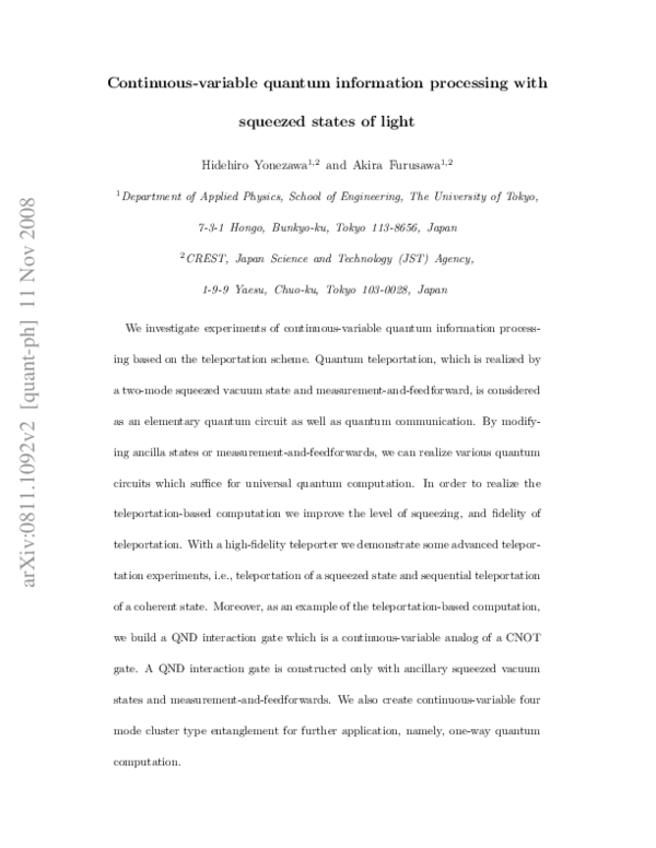 Pdf Continuous Variable Quantum Information Processing
