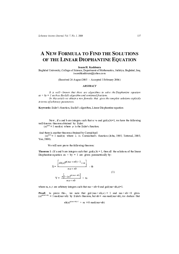 (PDF) A New Formula to Find the Solutions of the Linear Diophantine ...