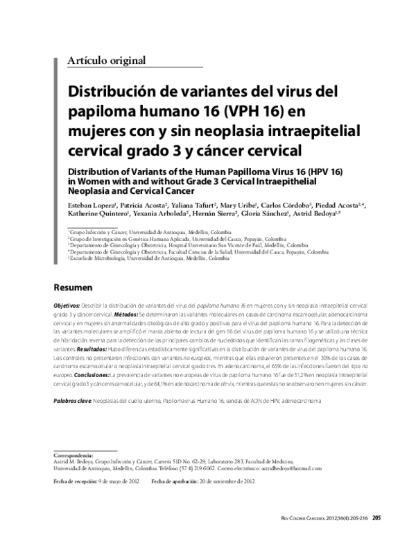 (PDF) Distribución de variantes del virus del papiloma humano 16 (VPH ...