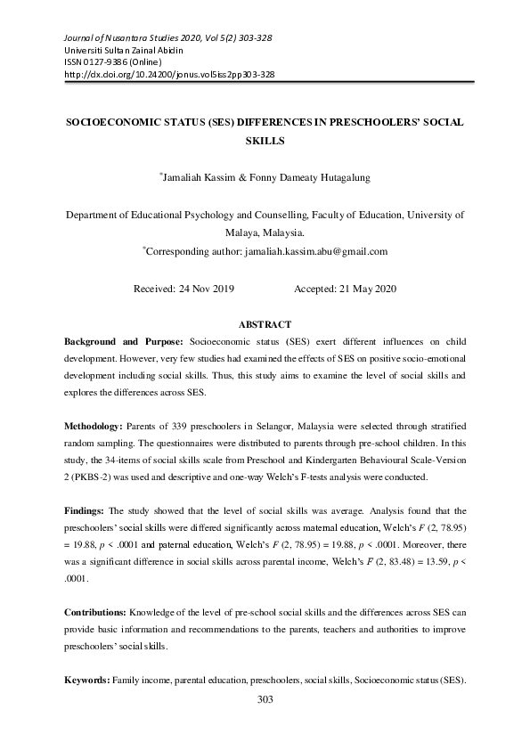 (PDF) Socioeconomic Status (Ses) Differences in Preschoolers’ Social Skills
