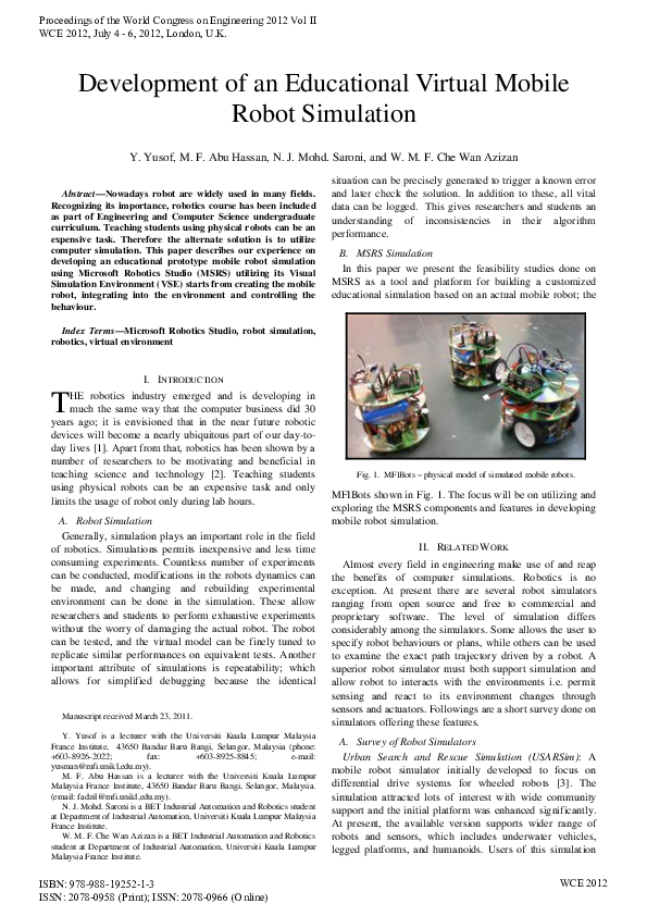 Pdf Development Of An Educational Virtual Mobile Robot Simulation Yusman Yusof