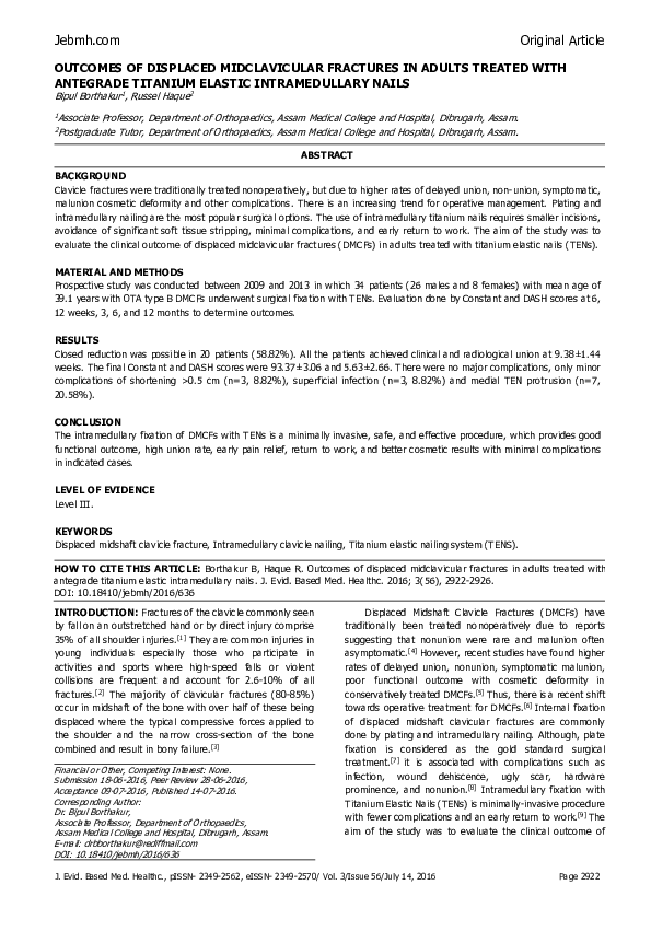 (PDF) Outcomes of Displaced Midclavicular Fractures in Adults Treated ...