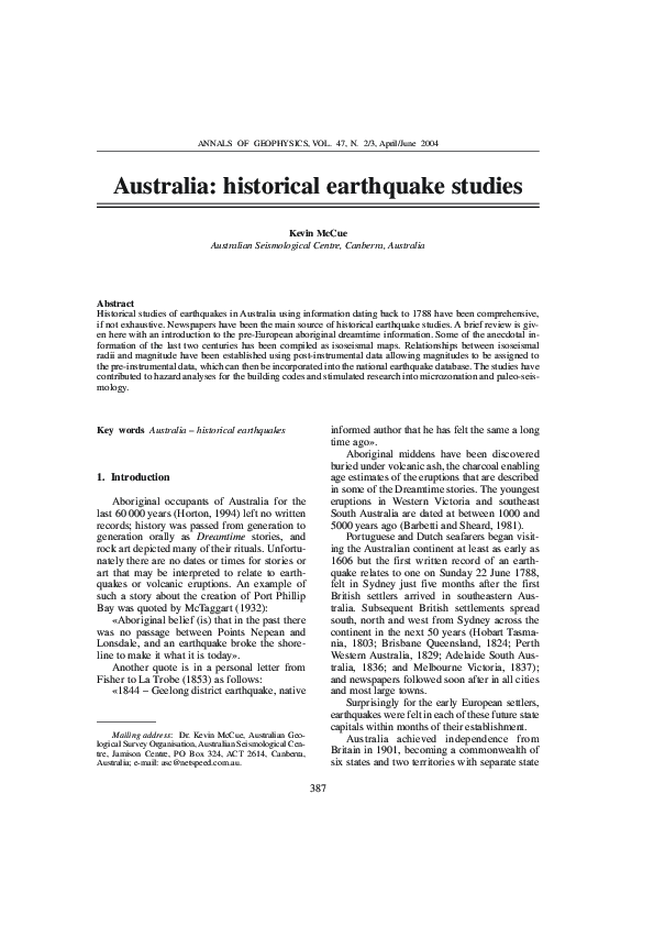 (PDF) Australia: historical earthquake studies