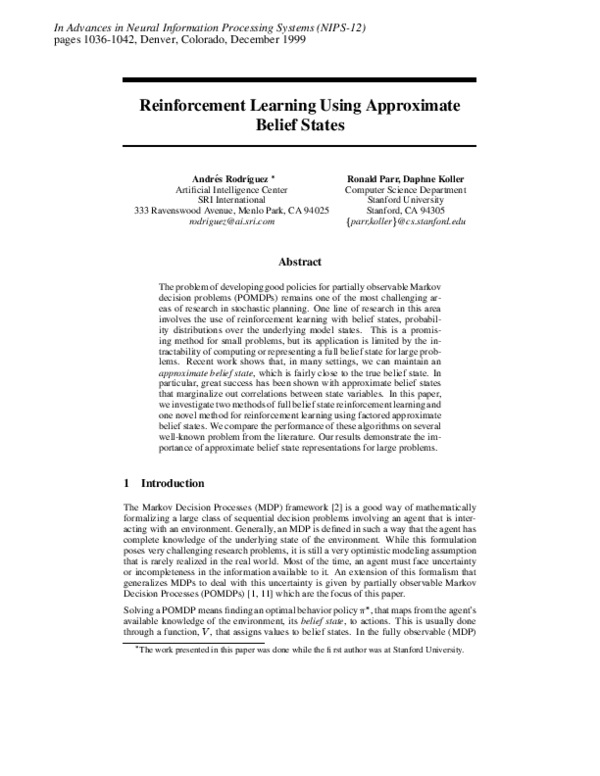 (PDF) Reinforcement learning using approximate belief states