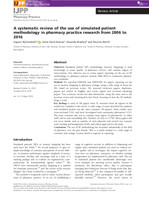 (PDF) A systematic review of the use of simulated patient methodology ...
