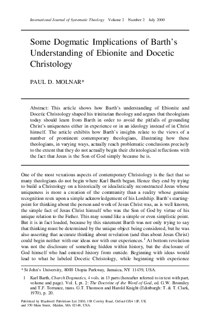 (PDF) Some Dogmatic Implications of Barth's Understanding of Ebionite ...