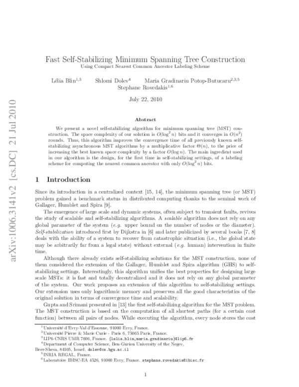 (PDF) Fast self-stabilizing minimum spanning tree construction: Using compact nearest common ...