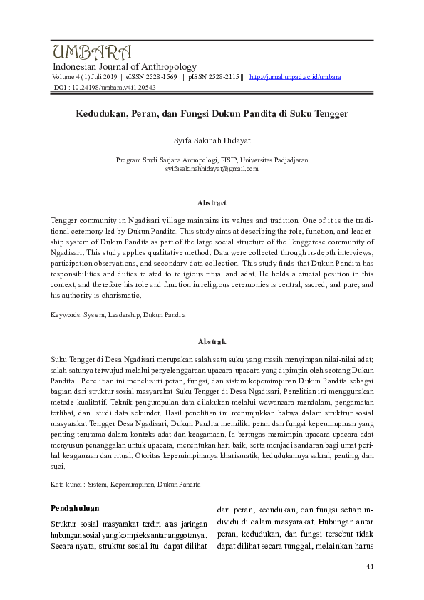 (PDF) Kedudukan, Peran, dan Fungsi Dukun Pandita di Suku Tengger