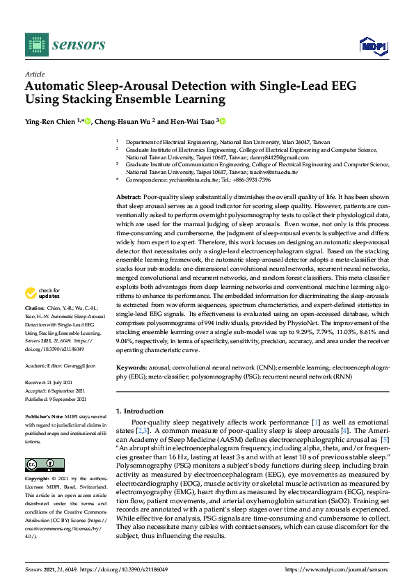 Pdf Automatic Sleep Arousal Detection With Single Lead Eeg Using Stacking Ensemble Learning