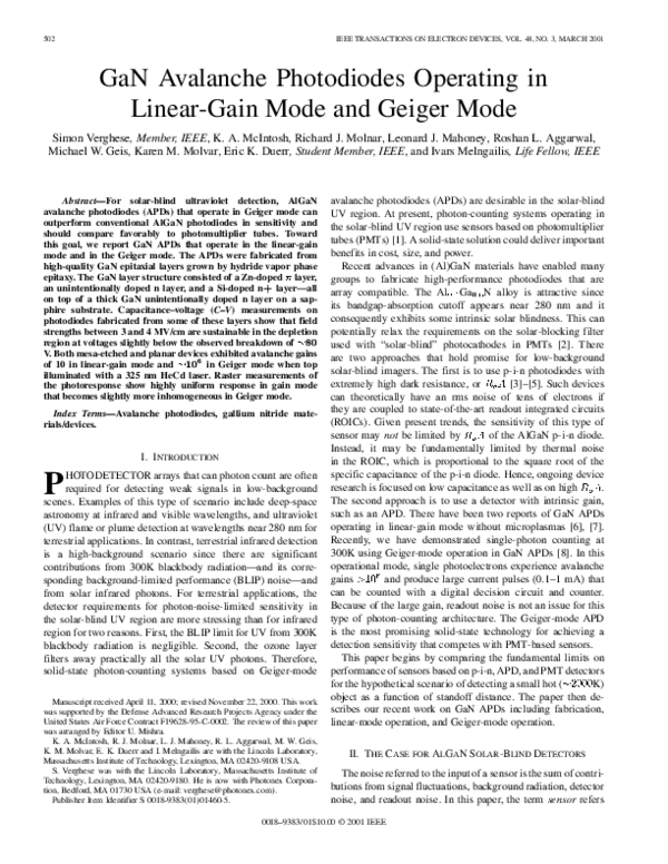 (PDF) GaN avalanche photodiodes operating in linear-gain mode and ...