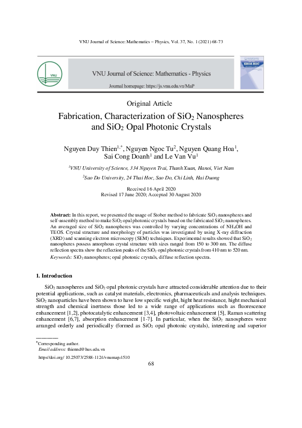 (PDF) Fabrication, Characterization of SiO2 Nanospheres and SiO2 Opal Photonic Crystals