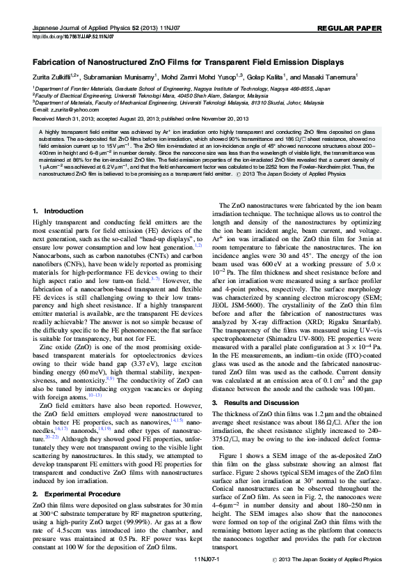 (PDF) Fabrication of Nanostructured ZnO Films for Transparent Field Emission Displays | Dr ...