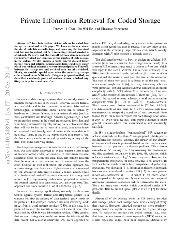 (PDF) Private information retrieval for coded storage