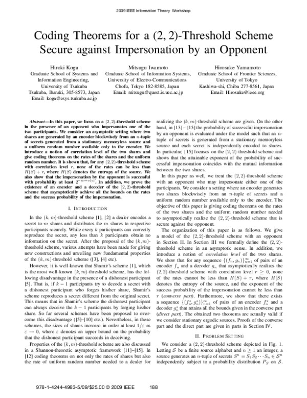 (PDF) Coding theorems for a (2, 2)-threshold scheme secure against impersonation by an opponent ...