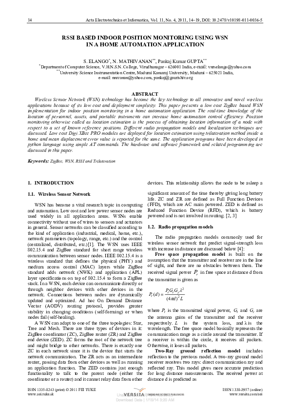 Pdf Rssi Based Indoor Position Monitoring Using Wsn In A Home Automation Application N