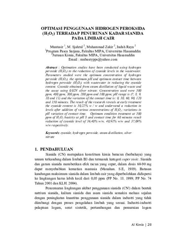 (PDF) OPTIMASI PENGGUNAAN HIDROGEN PEROKSIDA (H 2 O 2 ) TERHADAP ...