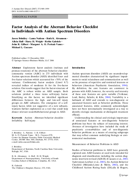 (PDF) Factor Analysis of the Aberrant Behavior Checklist in Individuals ...