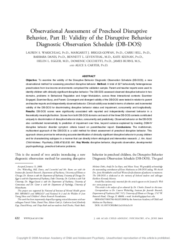 (PDF) Observational assessment of preschool disruptive behavior, part ...
