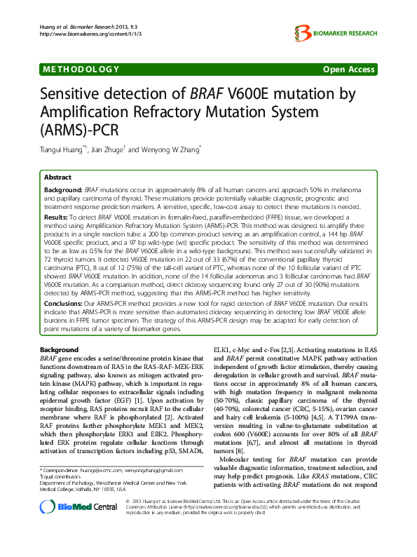 (PDF) Sensitive detection of BRAF V600E mutation by Amplification ... (PDF) Sensitive detection of BRAF V600E mutation by Amplification ...
