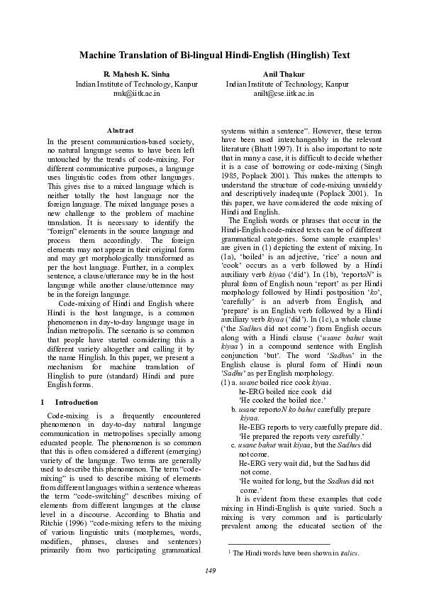 (PDF) Machine translation of bi-lingual hindi-english (hinglish) text