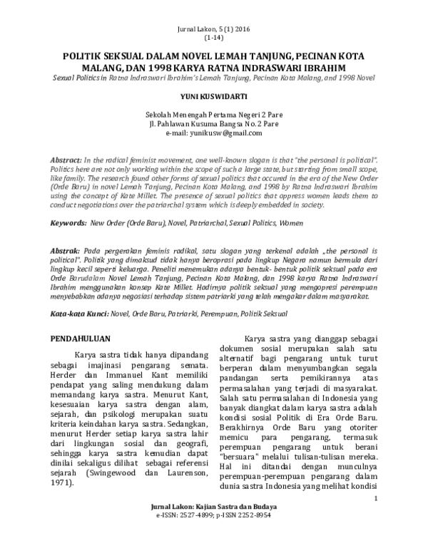 (PDF) Politik Seksual Dalam Novel Lemah Tanjung, Pecinan Kota Malang, Dan 1998 Karya Ratna ...