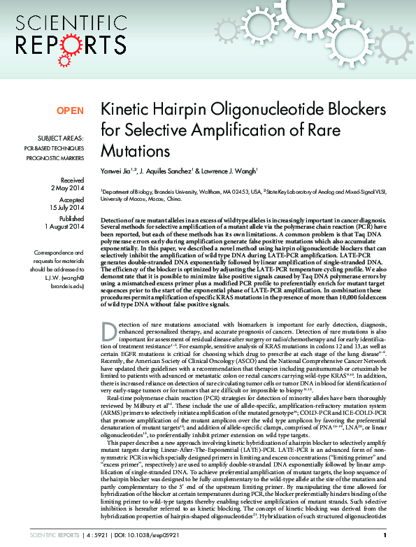 (PDF) Kinetic Hairpin Oligonucleotide Blockers for Selective ...