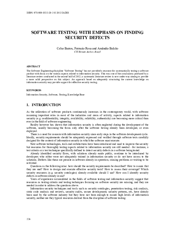 (PDF) Software Testing with Emphasis on Finding Security Defects