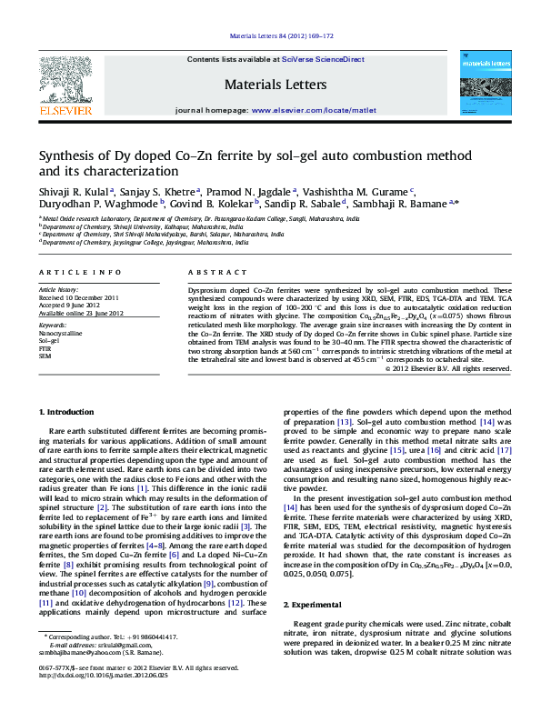 (PDF) Synthesis of Dy doped Co–Zn ferrite by sol–gel auto combustion ...