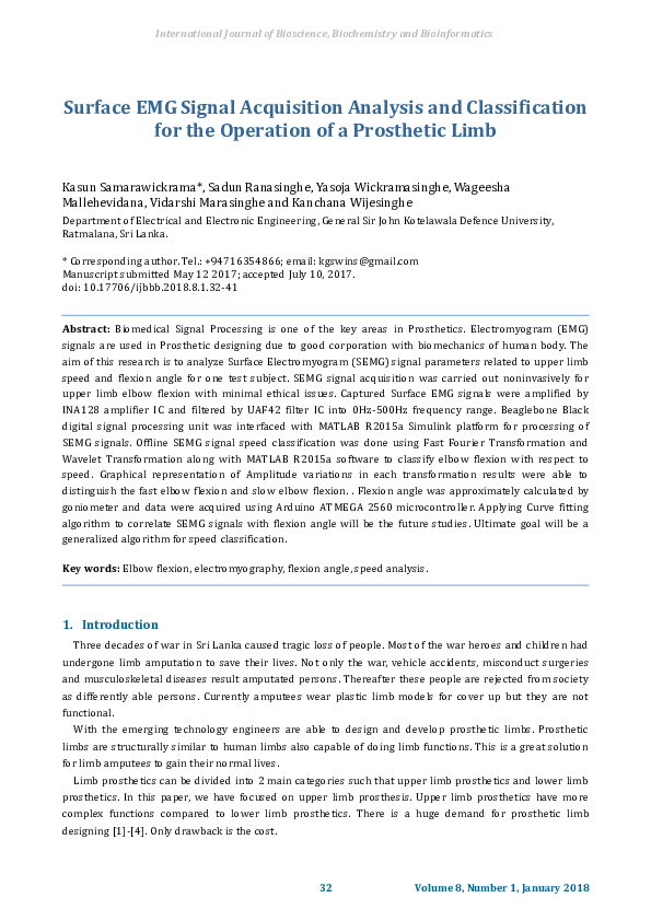 Pdf Surface Emg Signal Acquisition Analysis And Classification For The Operation Of A