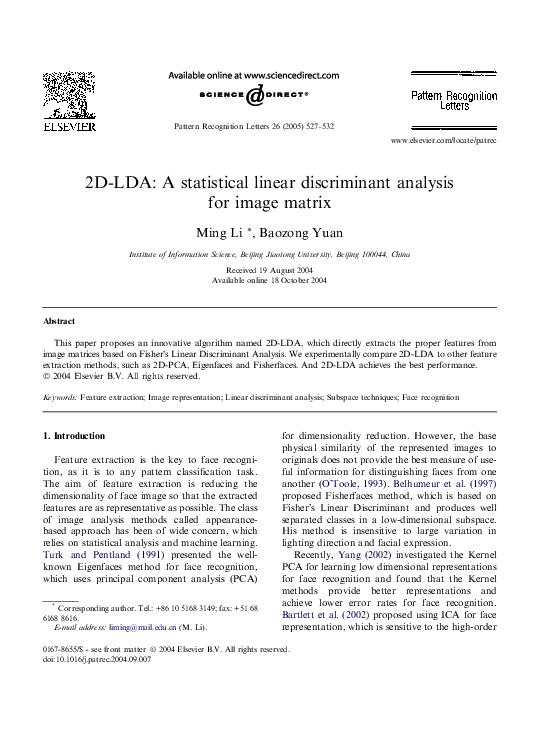 (PDF) 2D-LDA: A statistical linear discriminant analysis for image matrix