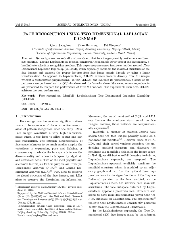 Pdf Face Recognition Using Two Dimensional Laplacian Eigenmap Baozong Yuan