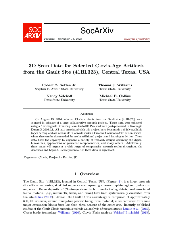 (PDF) 3D Scan Data for Selected Clovis-Age Artifacts from the Gault ...